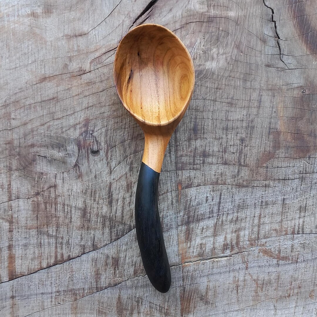 Hand Carved Bog Oak Coffee Scoop: Apricot Wood Curved Handle Spoon - Etsy