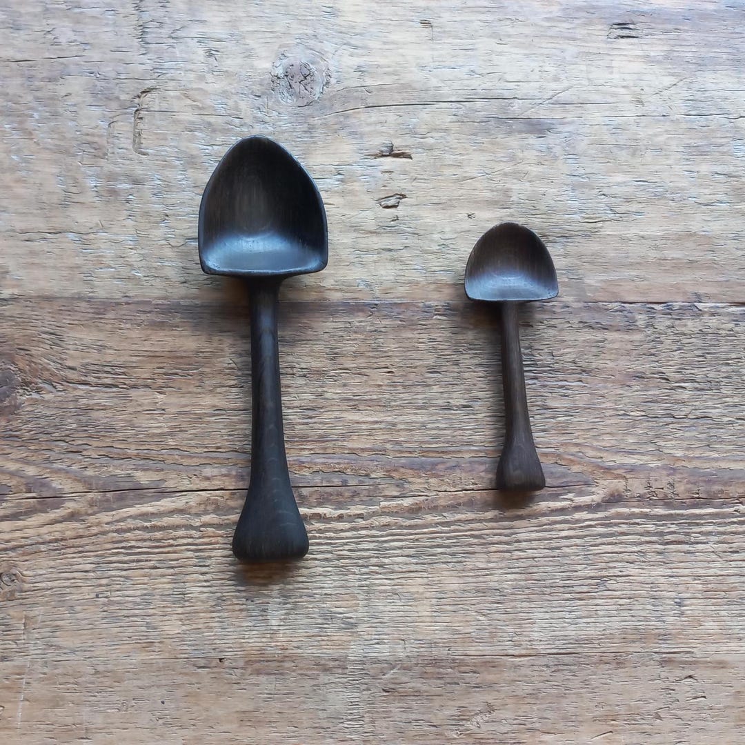 Large and Small Hand Carved Black Bog Oak Spoons - Wooden Coffee Scoop ...