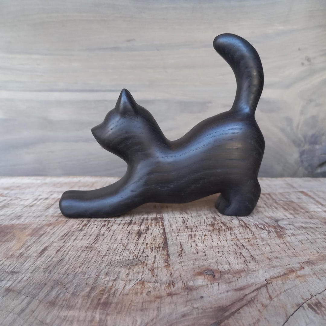Hand Carved Bog Oak Cat Figurine: Stretching Cat Sculpture - Etsy