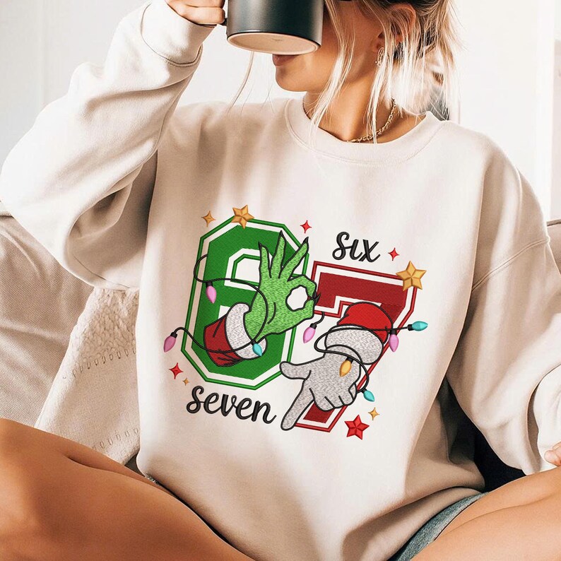 Six Seven 6 7 Christmas Embroidery, Trendy Christmas Meme Viral ...