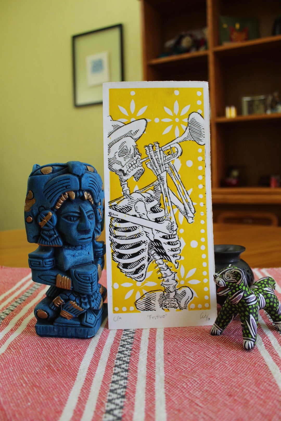 Skeleton Mariachi Linocut Print - Etsy