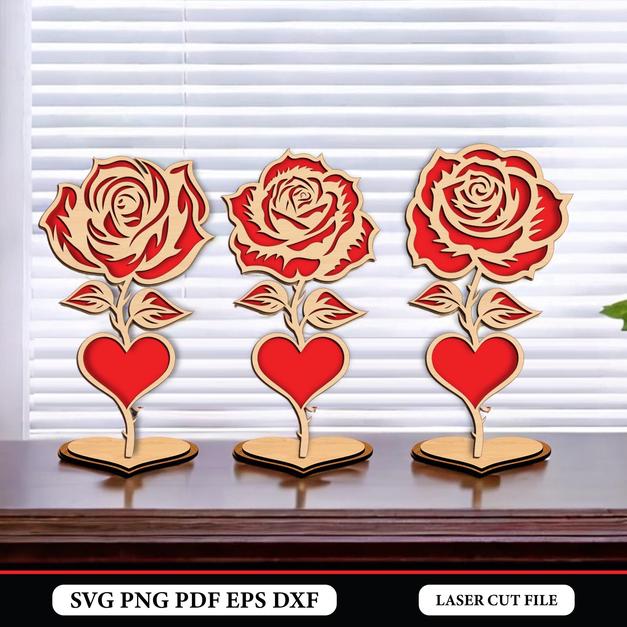 Standing Rose Ornament Laser Cut File, Layered Heart Rose With Stand ...