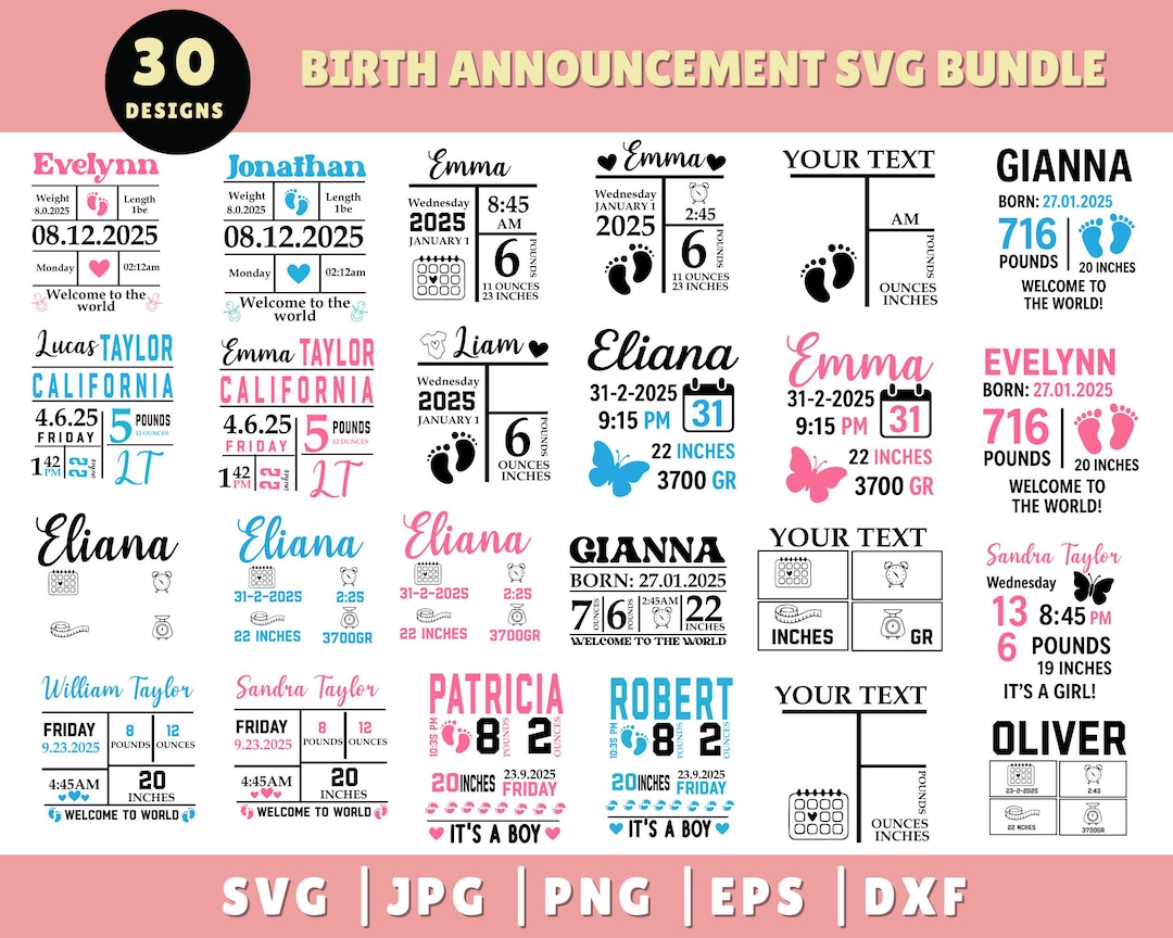 Birth Announcement SVG Bundle, Baby Stats Template, Birth Stats Svg ...