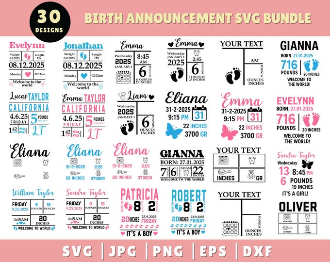 Baby Stats Bundle SVG | Baby Birth Announcement Template Svg | Baby ...