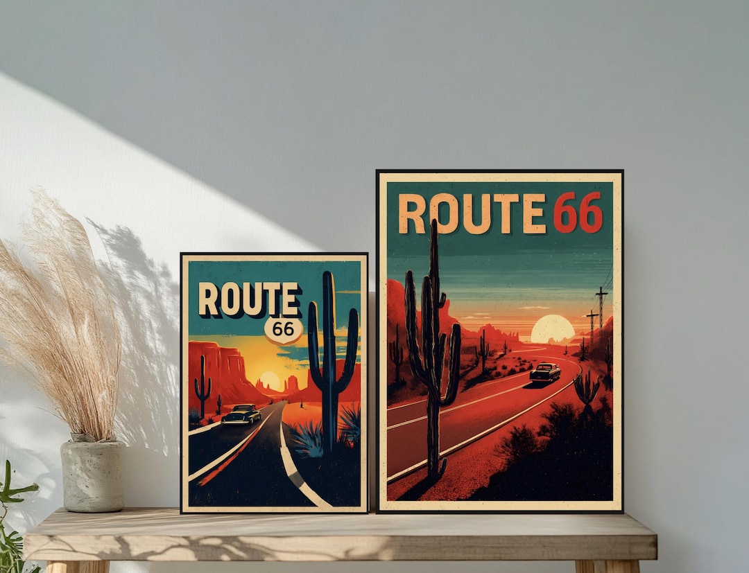 WPA Vintage Route 66 Poster With Desert Road and Retro Car, Bold Travel ...