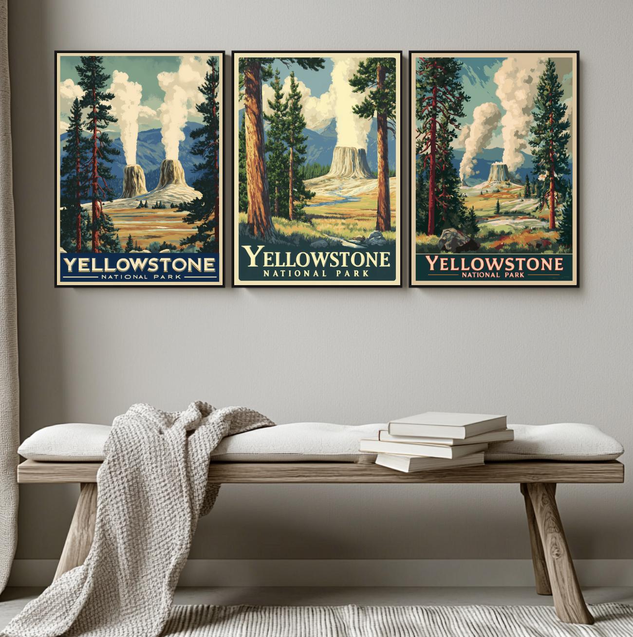 Vintage Yellowstone WPA Style Poster With Geysers and Mountains, Retro ...