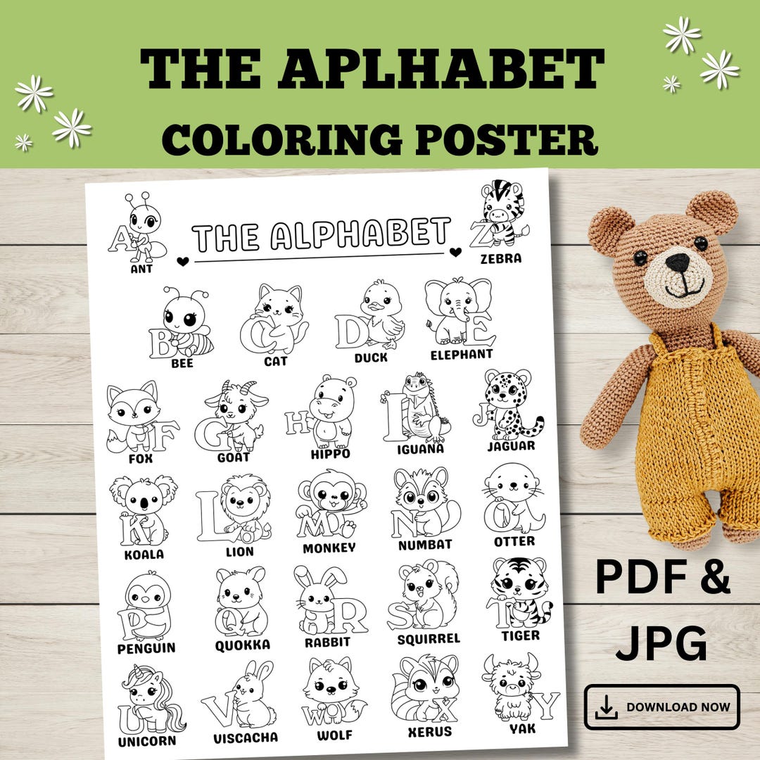 The Alphabet Coloring Poster, Printable Alphabet Poster, Cute Animal ...