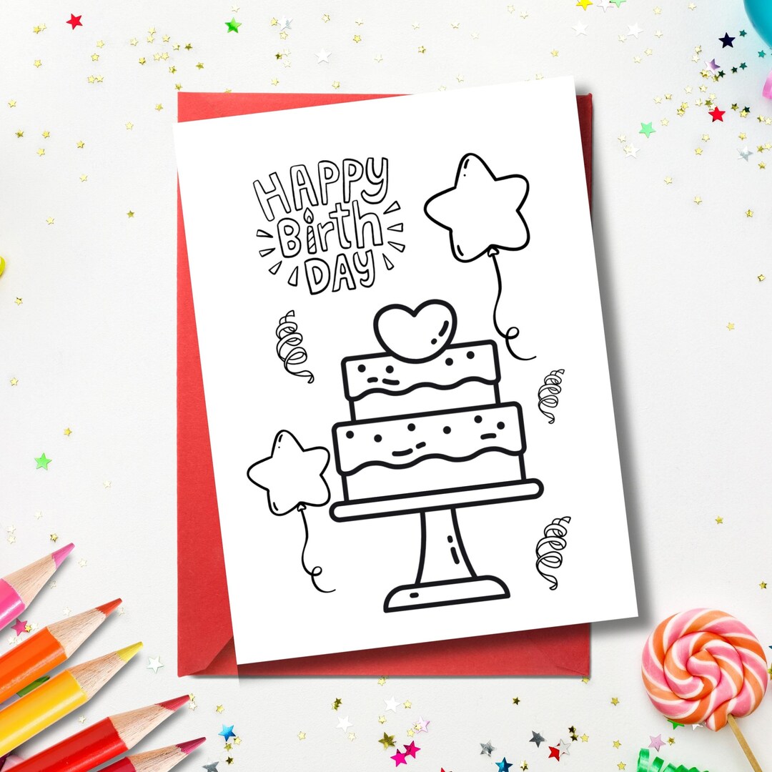 Printable Birthday Coloring Card: Cake & Balloons (5x7 PDF) - Etsy