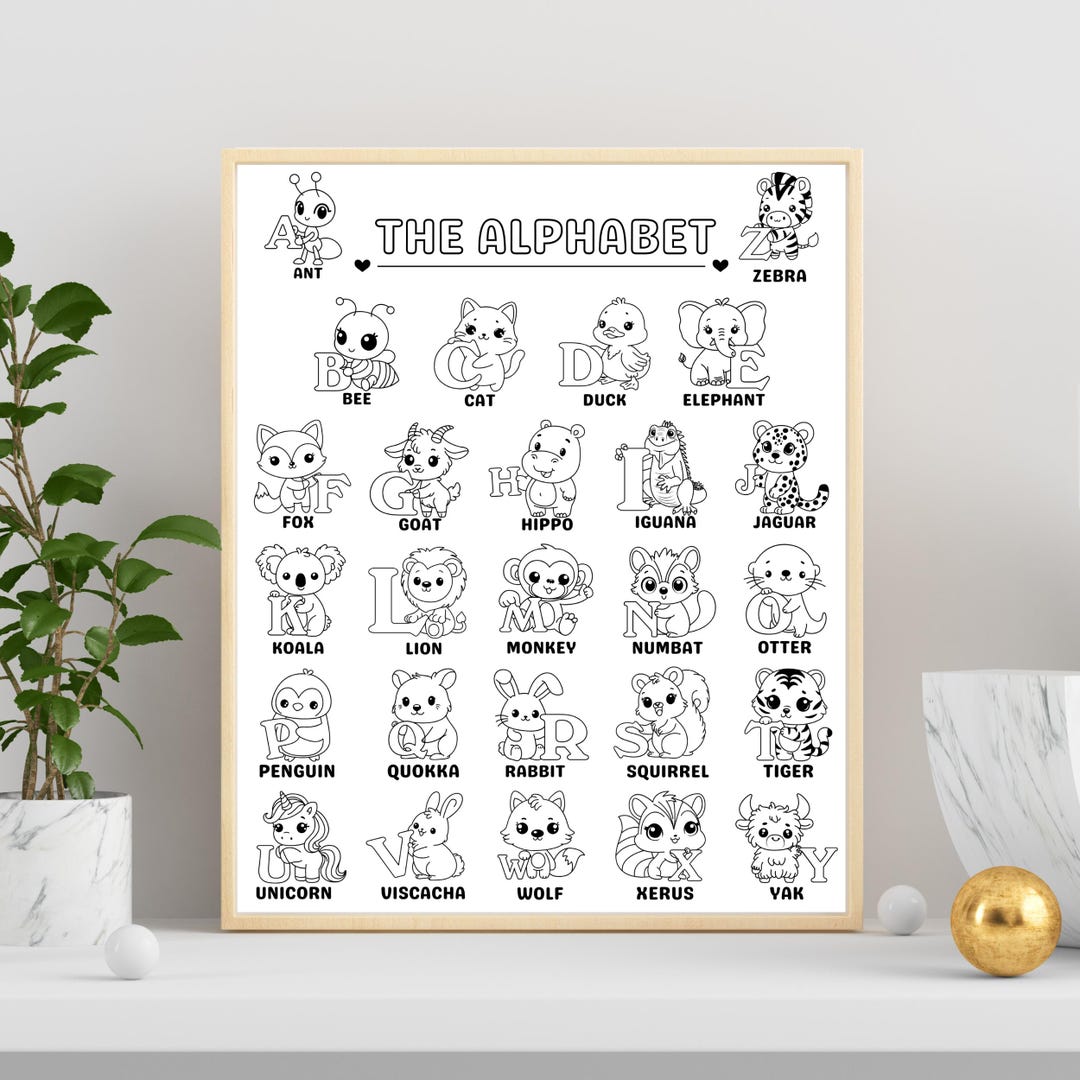 Printable Alphabet Coloring Poster, Cute Animal Letters, ABC Learning ...