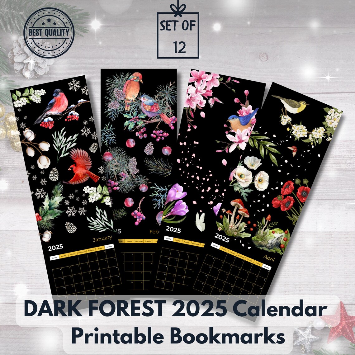 Printable Dark Forest 2025 Calendar Bookmarks Set of 12, High-quality ...