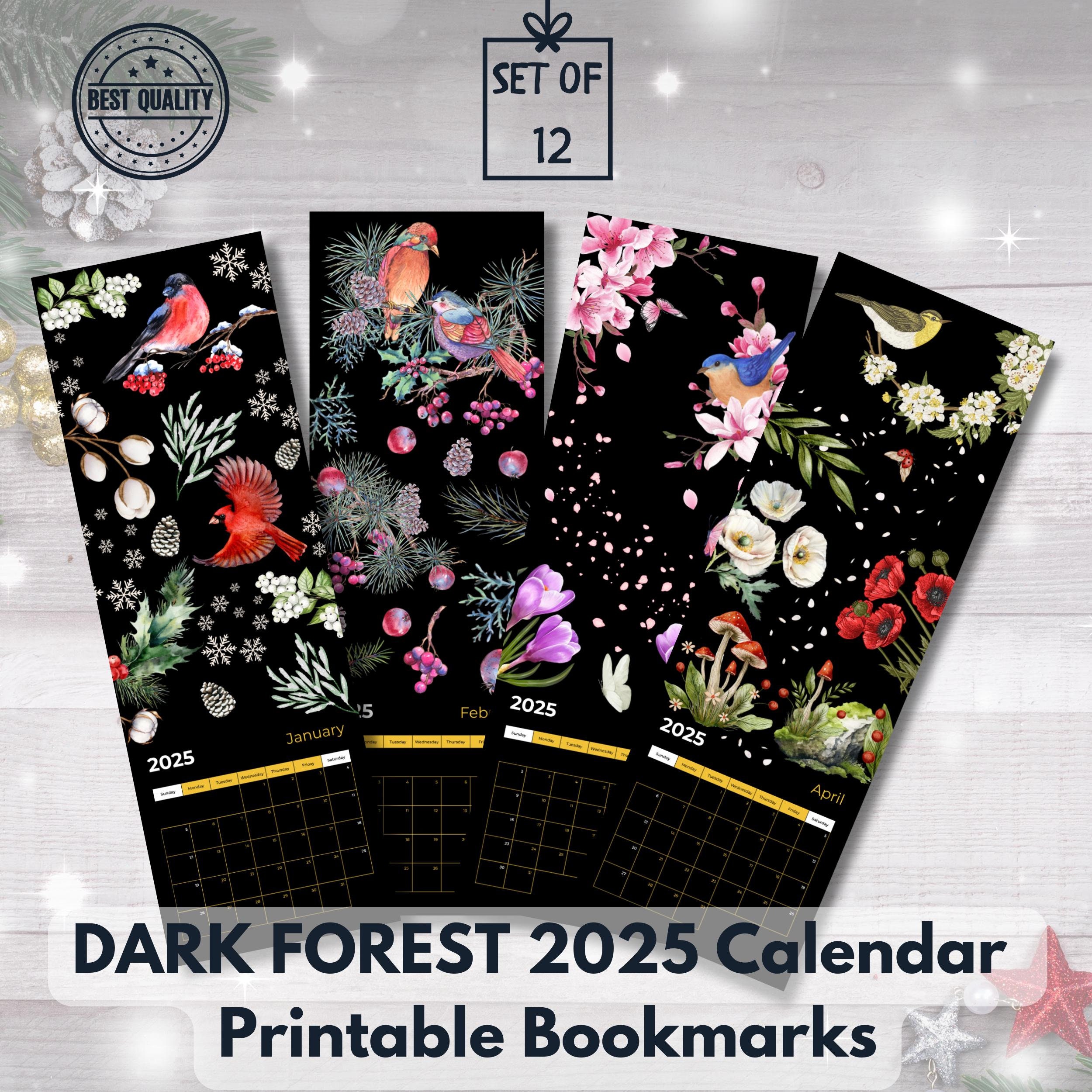 Printable Dark Forest 2025 Calendar Bookmarks Set of 12, High-quality ...