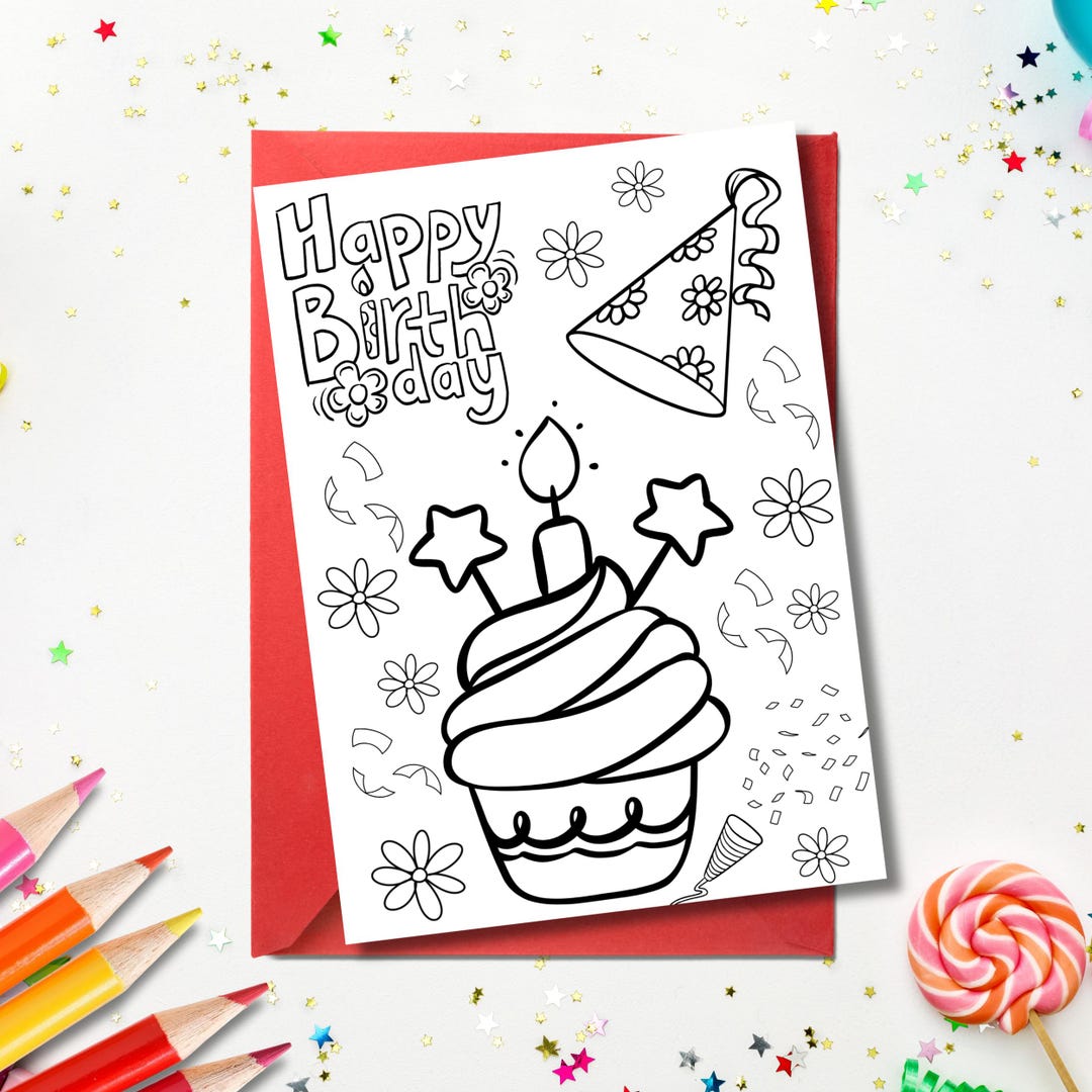 Happy Birthday Coloring Card Printable Cupcake and Flowers Birthday ...