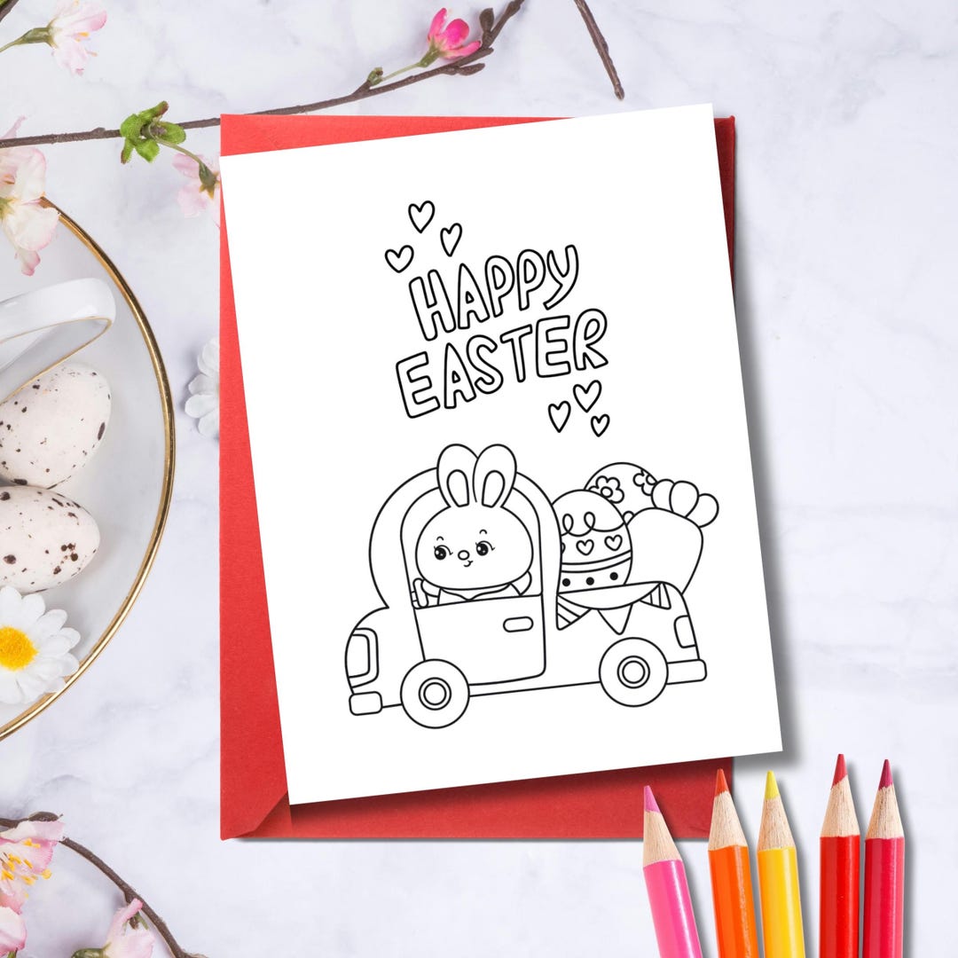 Printable Happy Easter Coloring Card, Easter Bunny Coloring Card ...