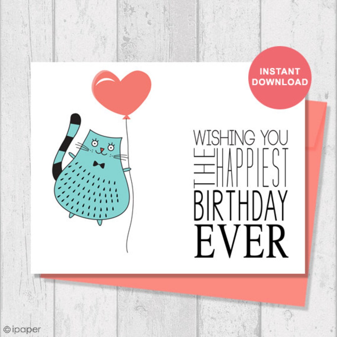 Happy Birthday Cat With Balloon Printable Card Instant Download Digital ...