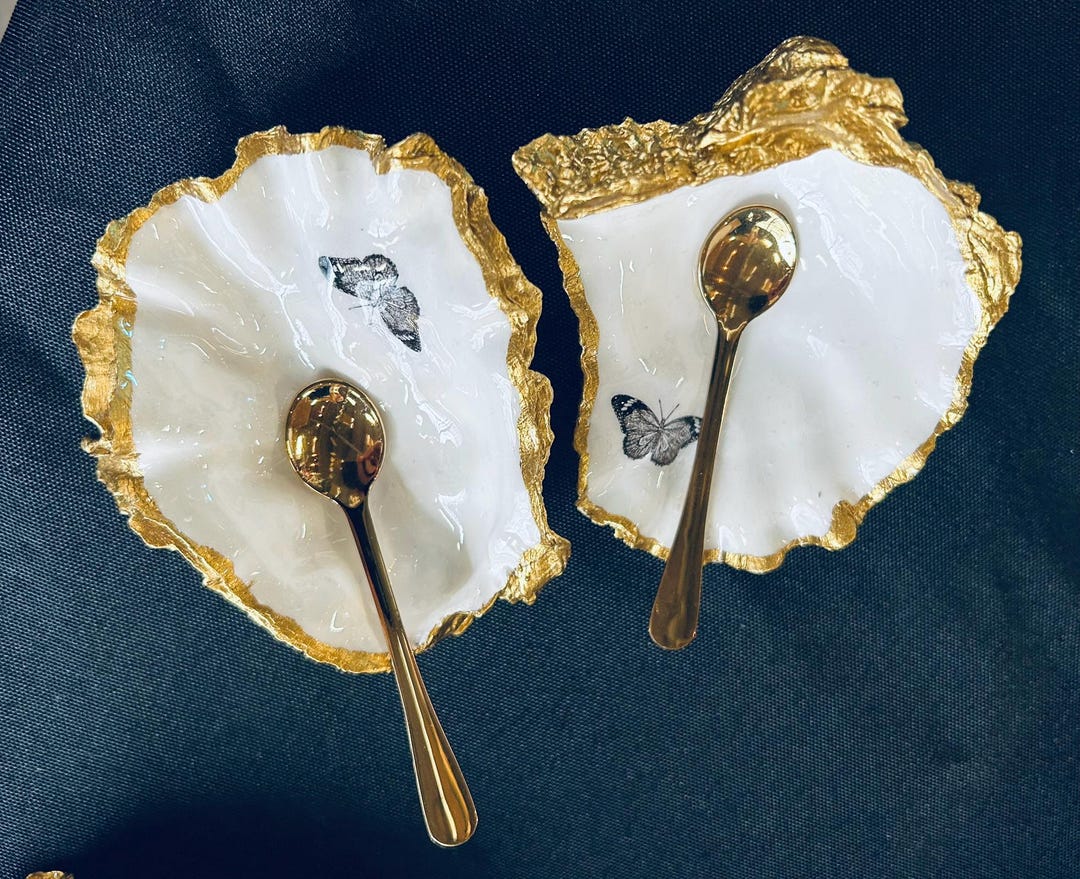 Gilded Oyster Shell Salt & Pepper Dishes, Butterfly Decoupage, Coastal ...