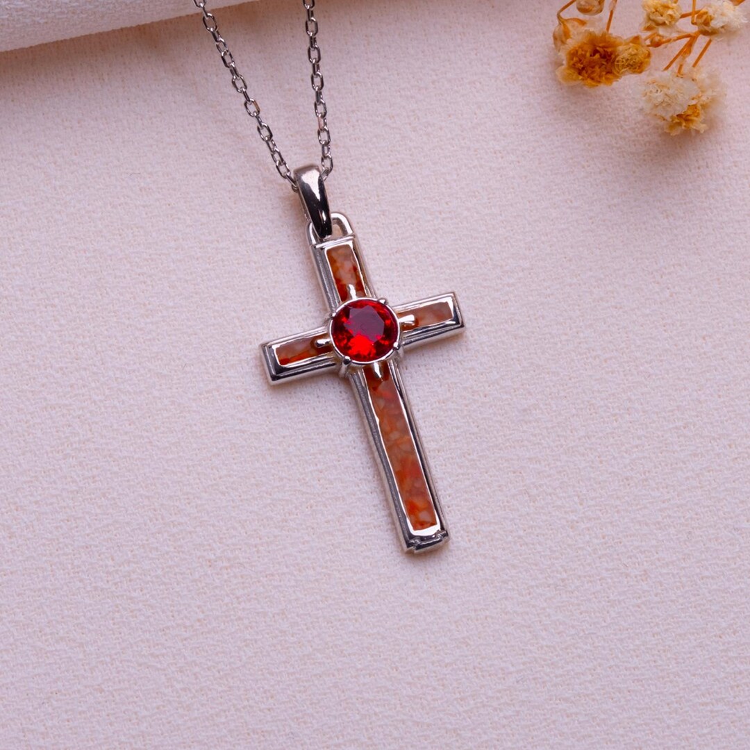 Coral Cross Necklace - Long Sterling Cross Pendant-vintage Gold Medal ...
