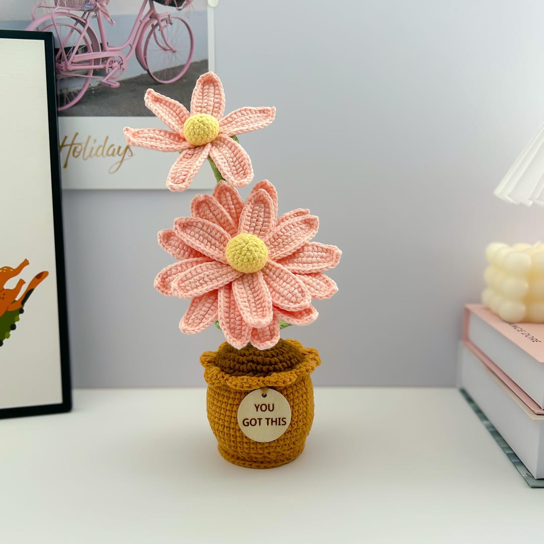 Crochet Flower in Pot, Crochet Flower Plant, Desk Decor, Crochet Rose ...