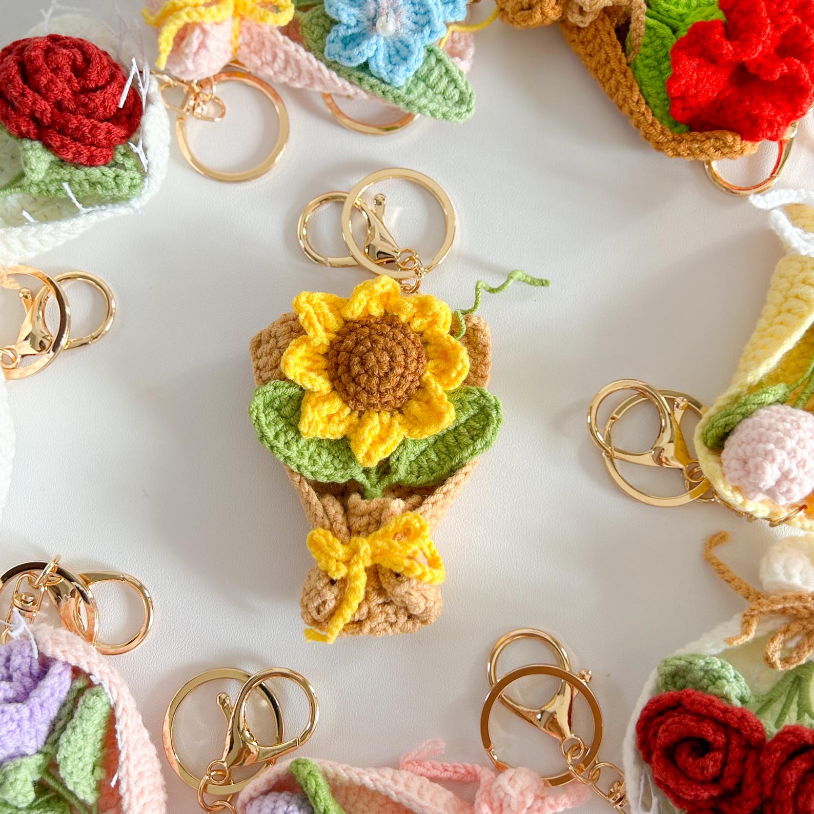 Handmade Crochet Flower Keychain – Sunflower, Tulip, or Rose Keyring ...