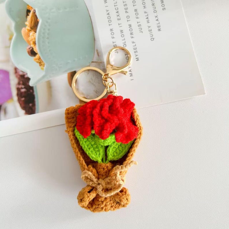 Handmade Crochet Flower Keychain – Sunflower, Tulip, or Rose Keyring ...