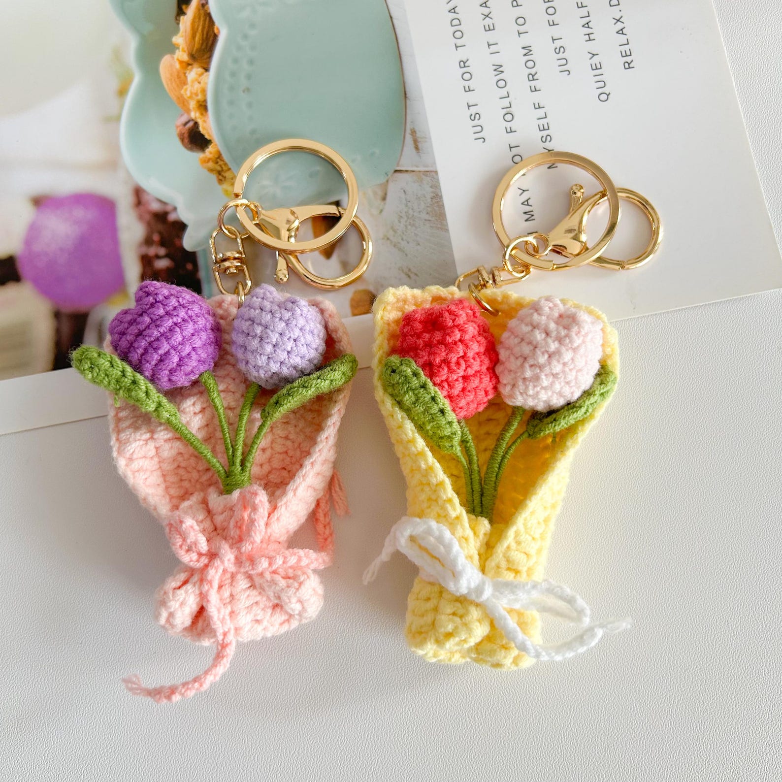 Handmade Crochet Flower Keychain – Sunflower, Tulip, or Rose Keyring ...