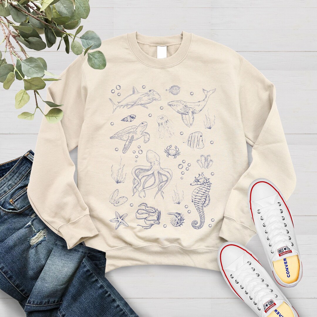 Sea Animals Vintage Sweatshirt, Retro Ocean Sweater, Cute Sea Creatures ...