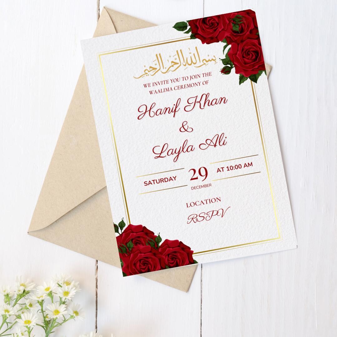 Editable Walima Invitation 5x7 Floral Red Roses Walima, Nikkah ...
