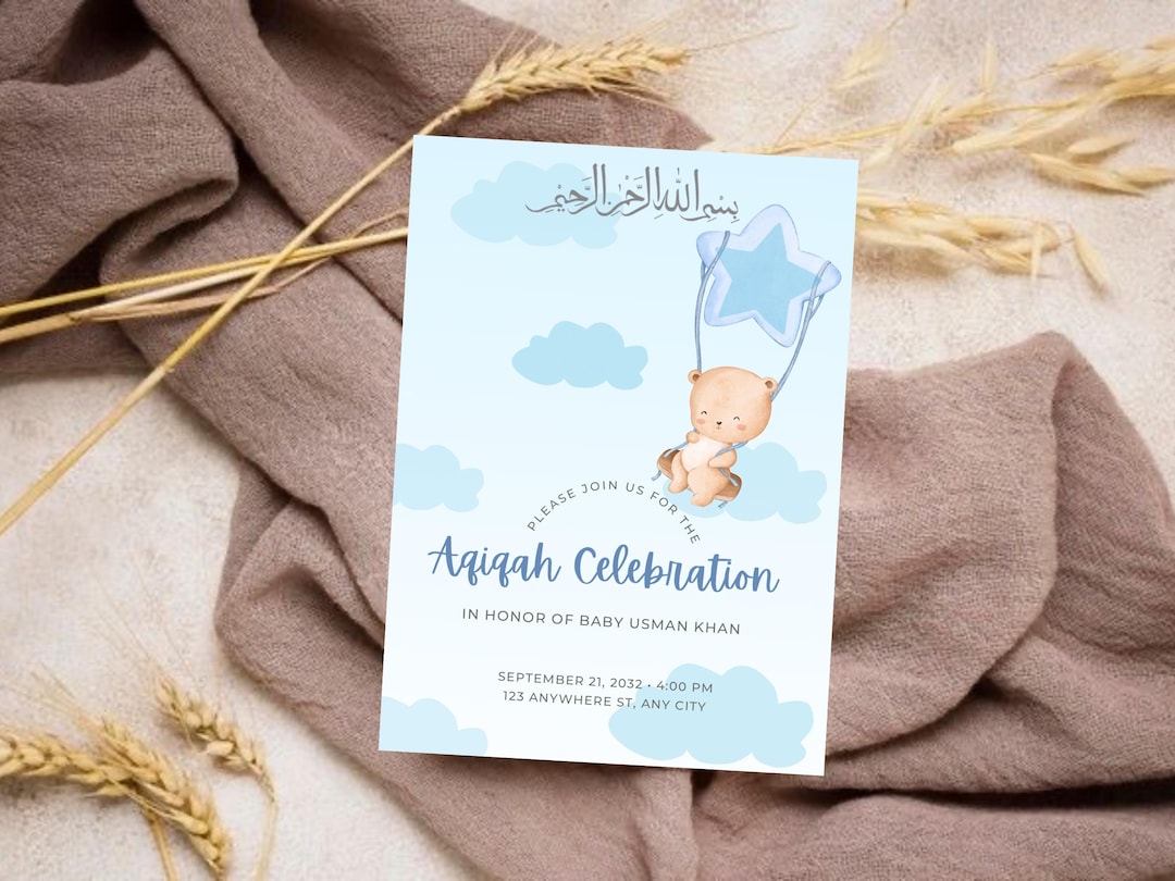 Editable Aqiqah Invitation Template | Blue Islamic Baby Celebration ...