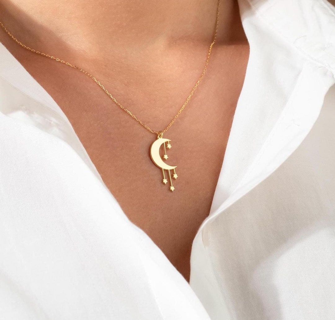 14k Gold Moon and Stars Necklace, Crescent Moon Necklace With Star ...