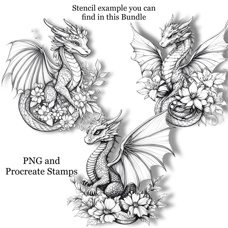 Procreate Floral Dragon Stamp Set, Tattoo Design, Procreate Brushes ...