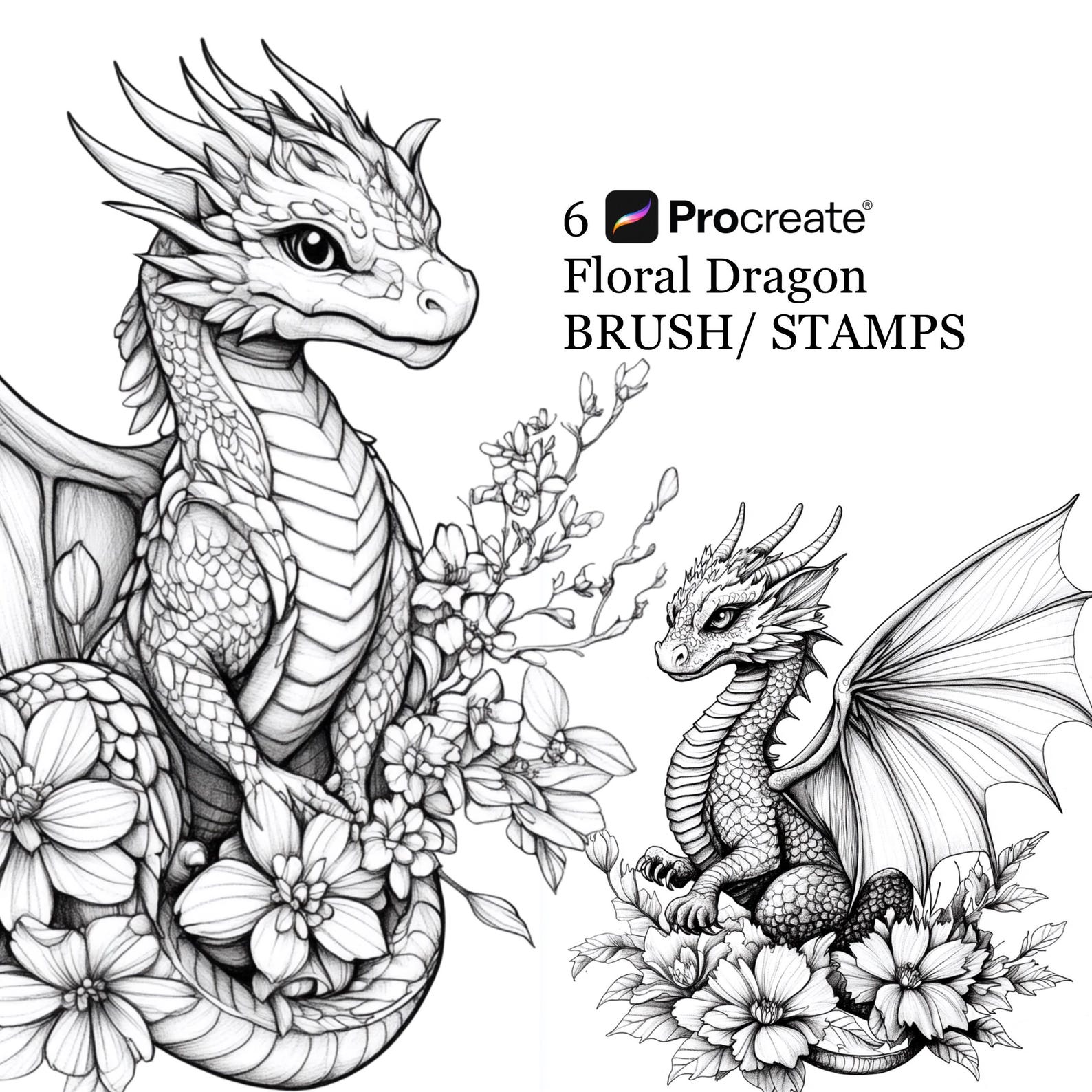 Procreate Floral Dragon Stamp Set, Tattoo Design, Procreate Brushes ...