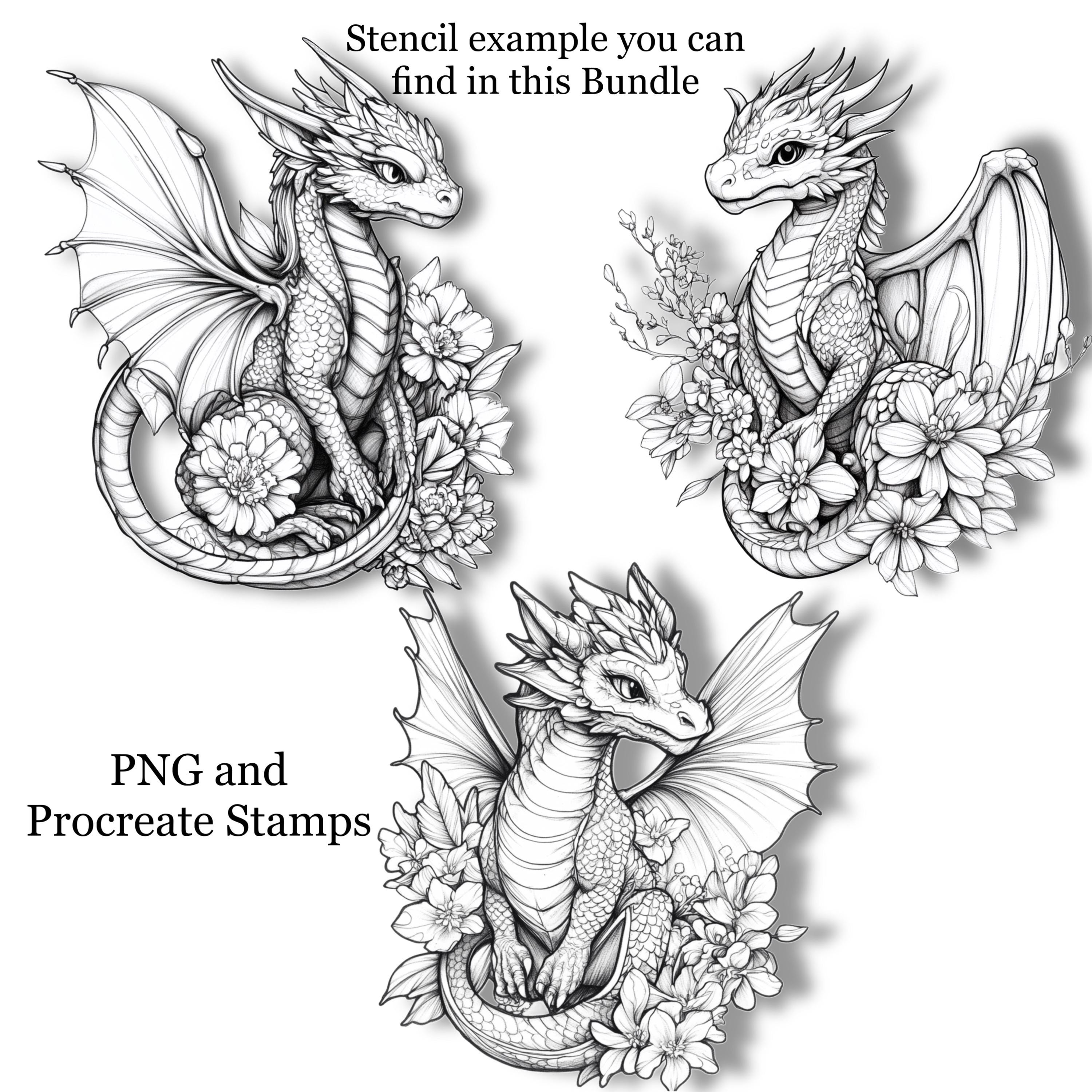Procreate Floral Dragon Stamp Set, Tattoo Design, Procreate Brushes ...