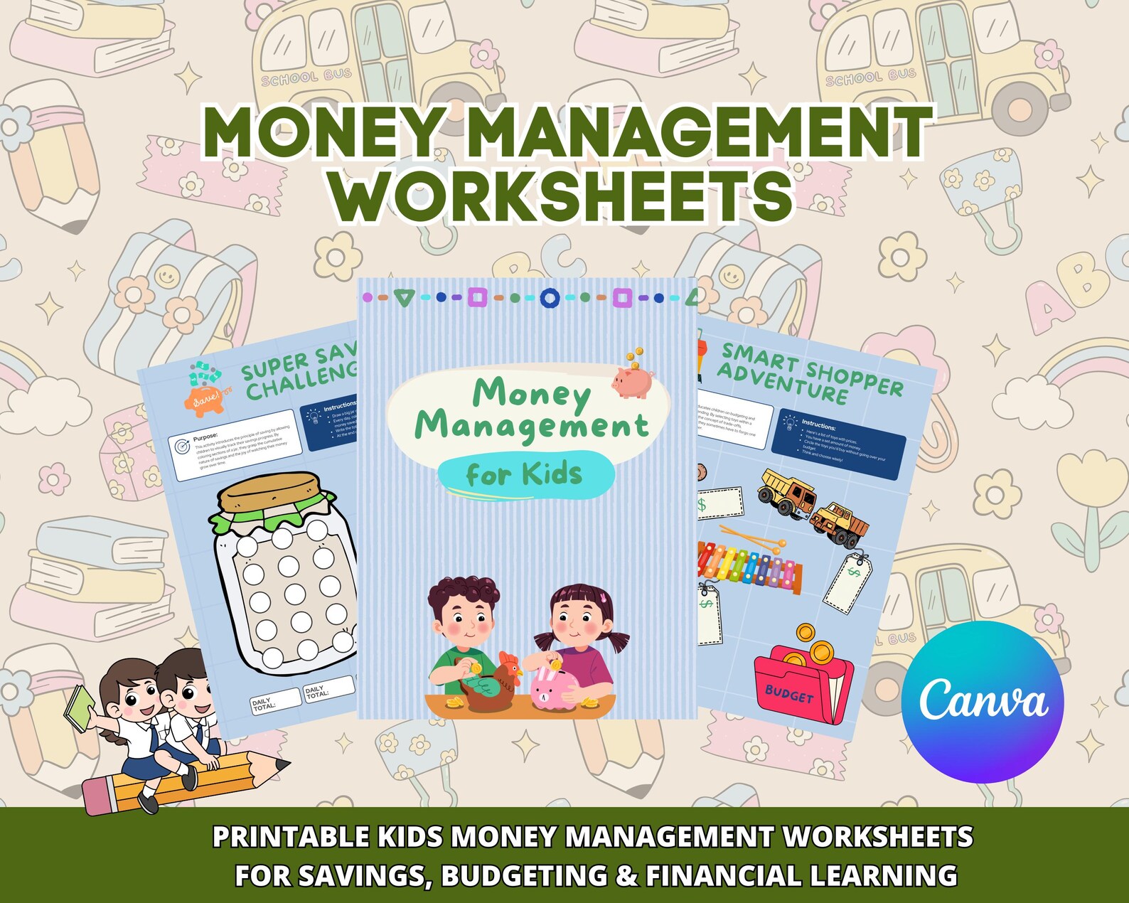 Kids Money Management Worksheets Printable Editable Canva Budget Bundle ...