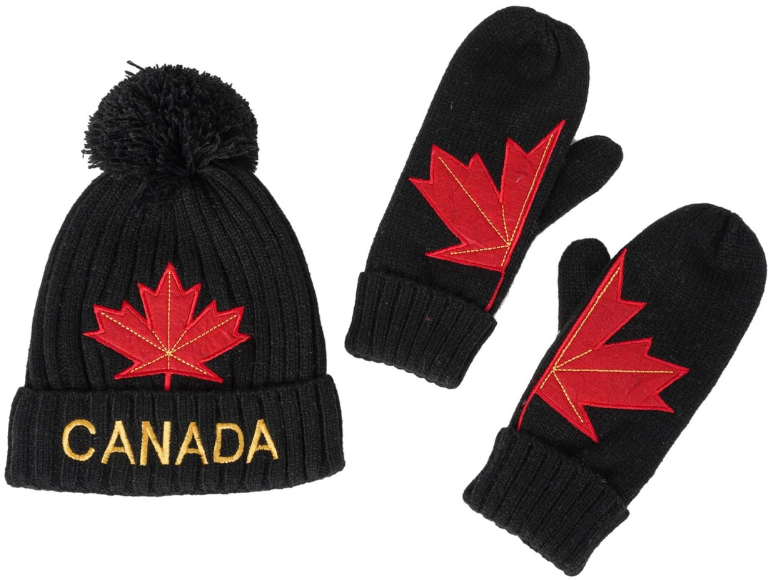 Maple Leaf Canada Beanie and Mitten Set - Unisex Winter Knit - Etsy Canada