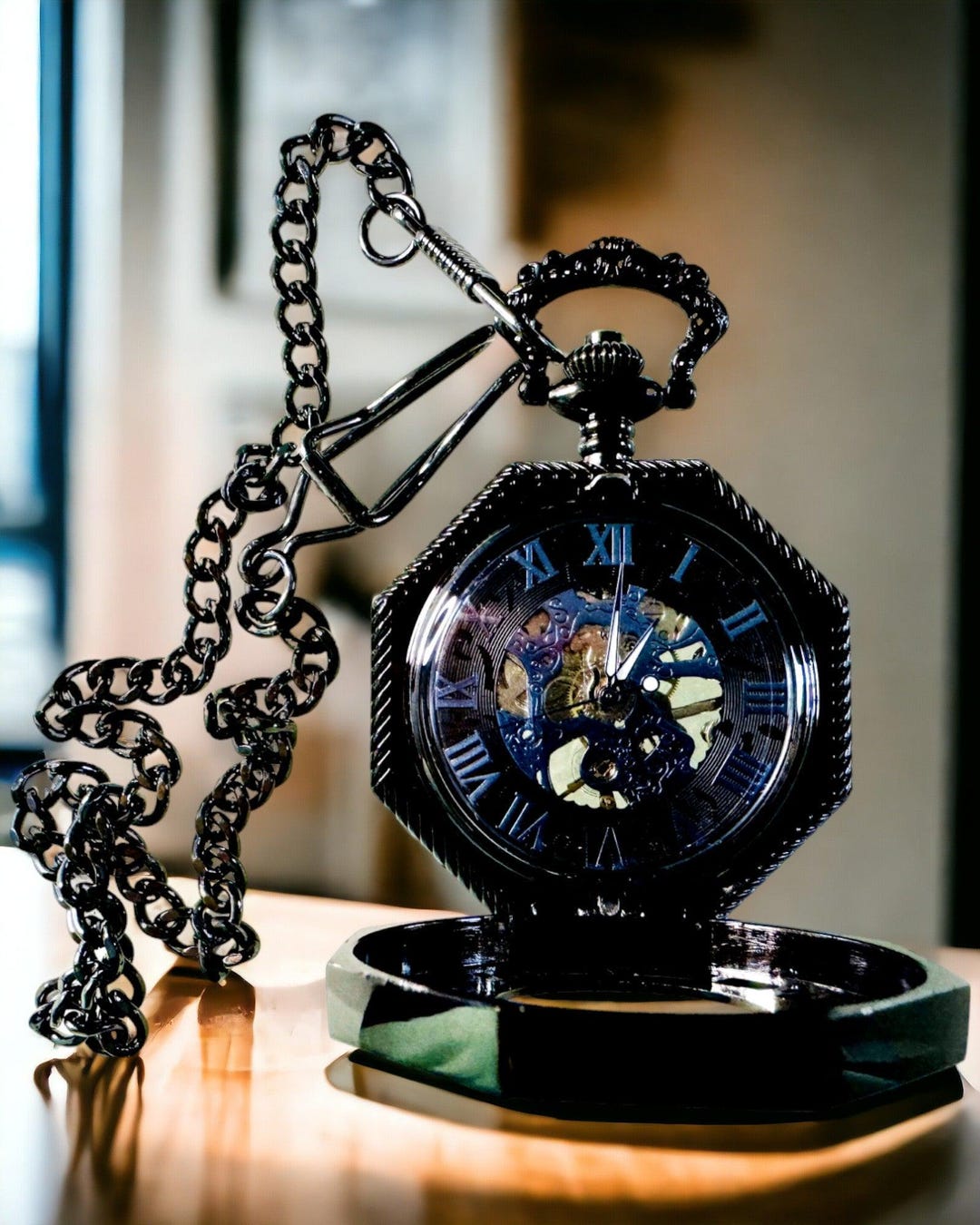 Classic Octagonal Mechanical Steampunk Pocket Watch in Black, Engraving ...