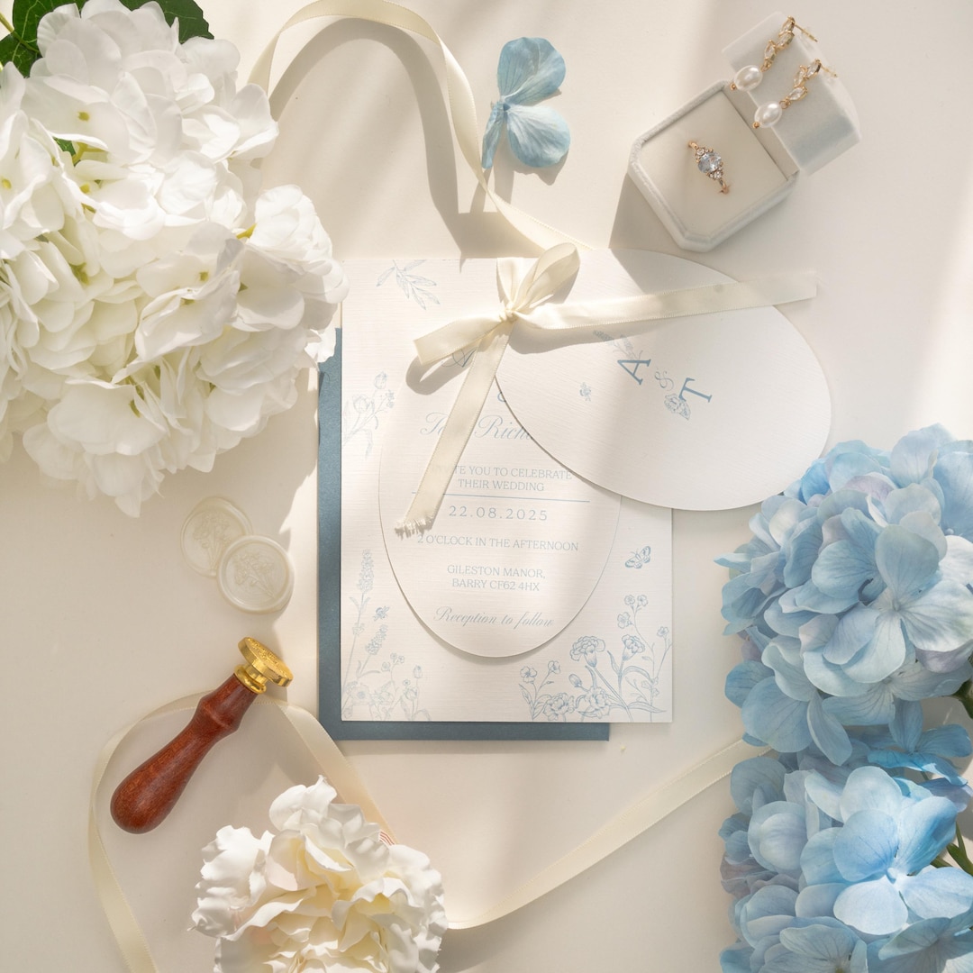 Dusty Blue Toile Wedding Invitation Suite: Floral Line Art - Etsy