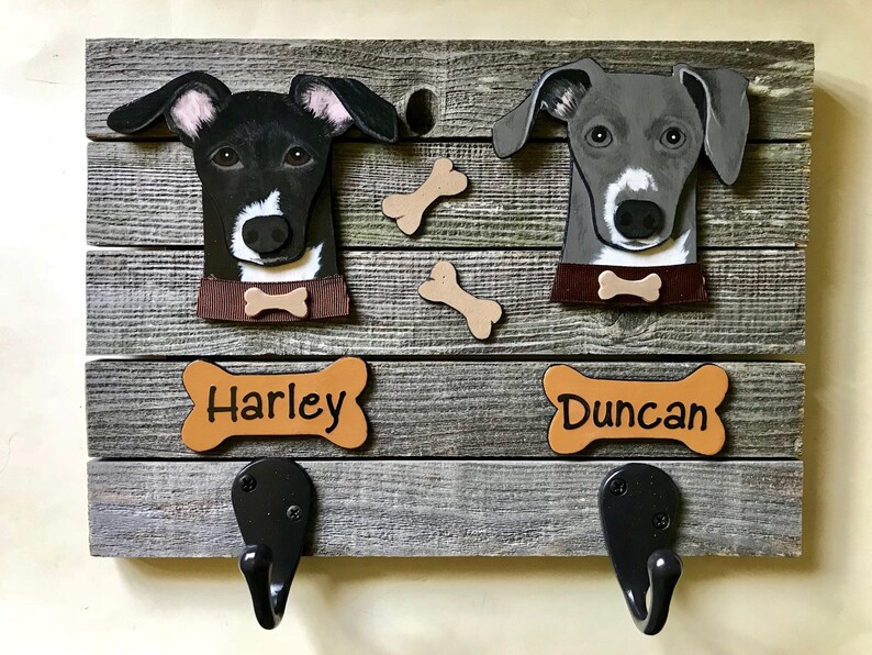 Custom 2 Dog Leash Hanger barn wood custom dog portrait | Etsy
