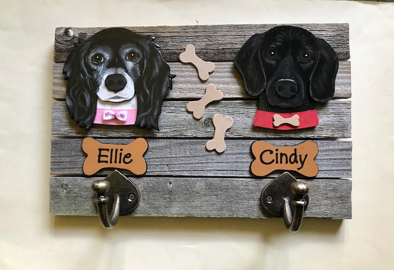 Custom 2 Dog Leash Hanger barn wood custom dog portrait | Etsy