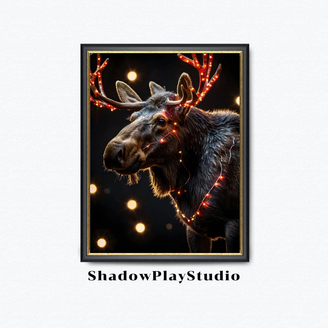 Festive Moose With Christmas Lights, Holiday Digital Art for Winter ...