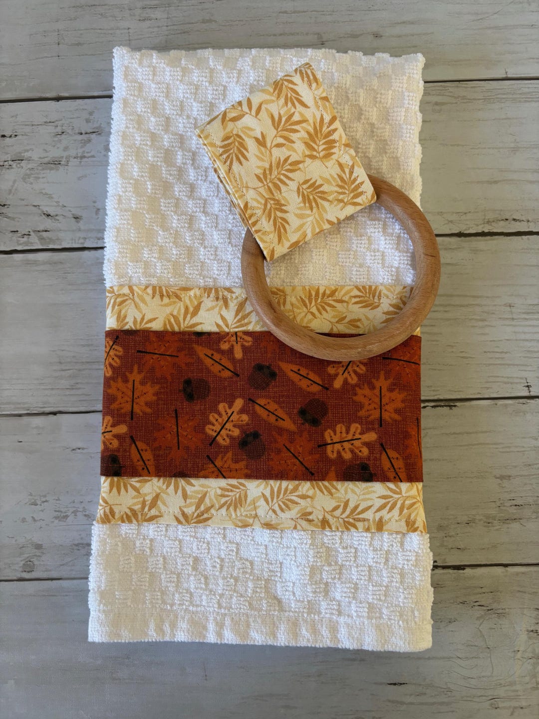 Waffle Cotton Dishtowel With Beechwood Ring Hanger - Fabric Trimmed - Etsy