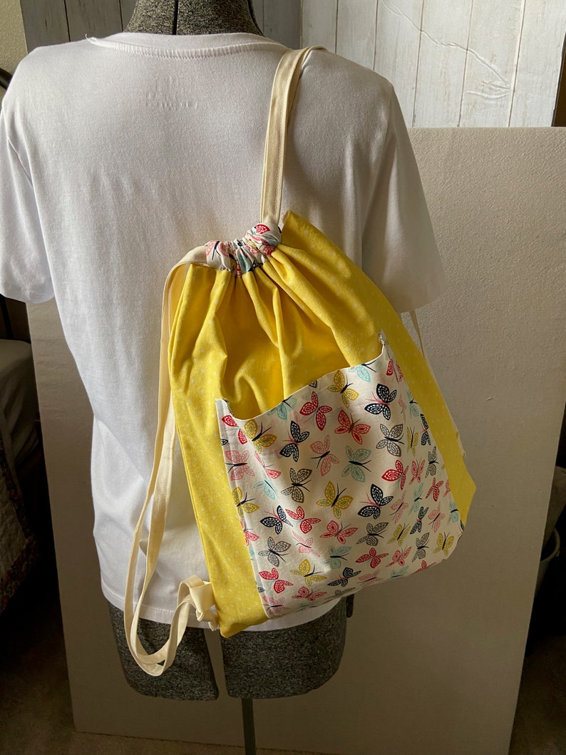 Drawstring Backpack Yellow Polkadot Fabric With Coordinating Butterfly ...