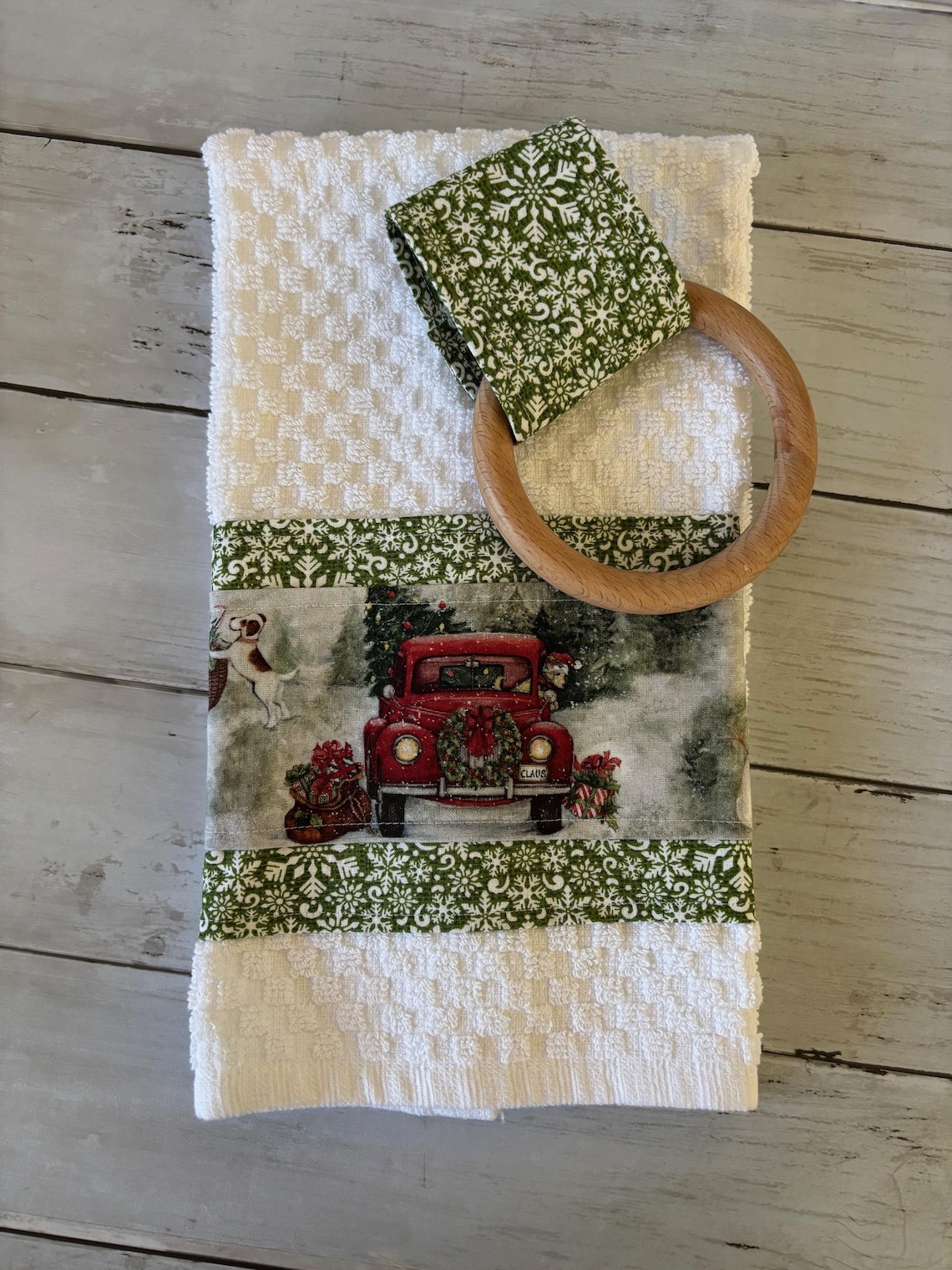 Waffle Weave Cotton Dishtowel With Beechwood Ring Hanger - Etsy