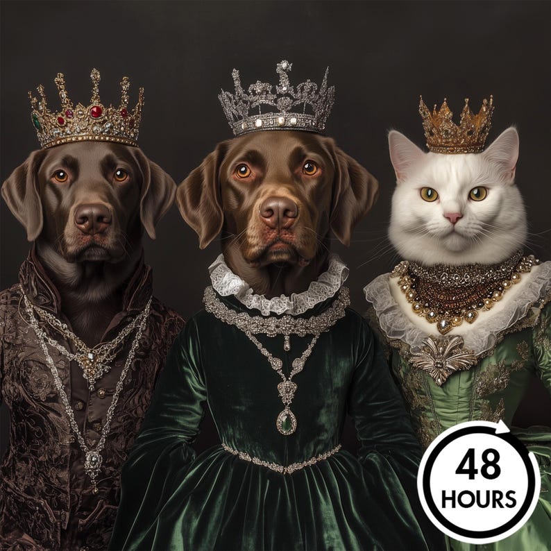 Custom Royal 3 Cats Portrait, Regal Pet Painting From Photo ...