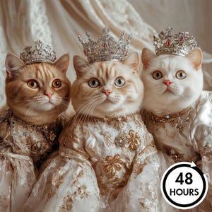Custom Royal 3 Cats Portrait, Regal Pet Painting From Photo ...