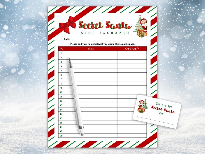 Secret Santa Gift Exchange Sign up Sheet - Printable Christmas Gift ...