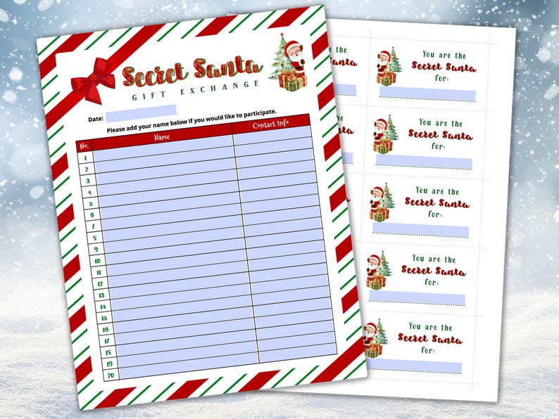 Secret Santa Gift Exchange Sign up Sheet - Printable Christmas Gift ...