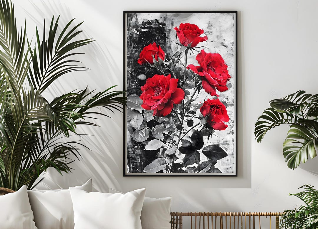 Vintage Red Roses Art Print: Black & White Textured Floral (digital ...
