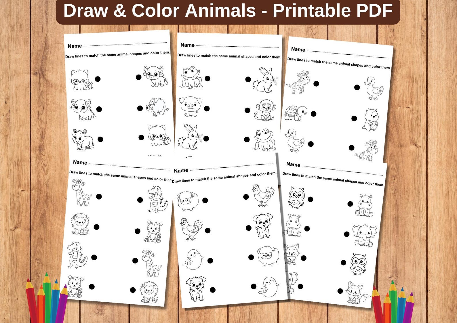Animal Matching & Coloring PDF | Draw a Line and Color | Preschool ...