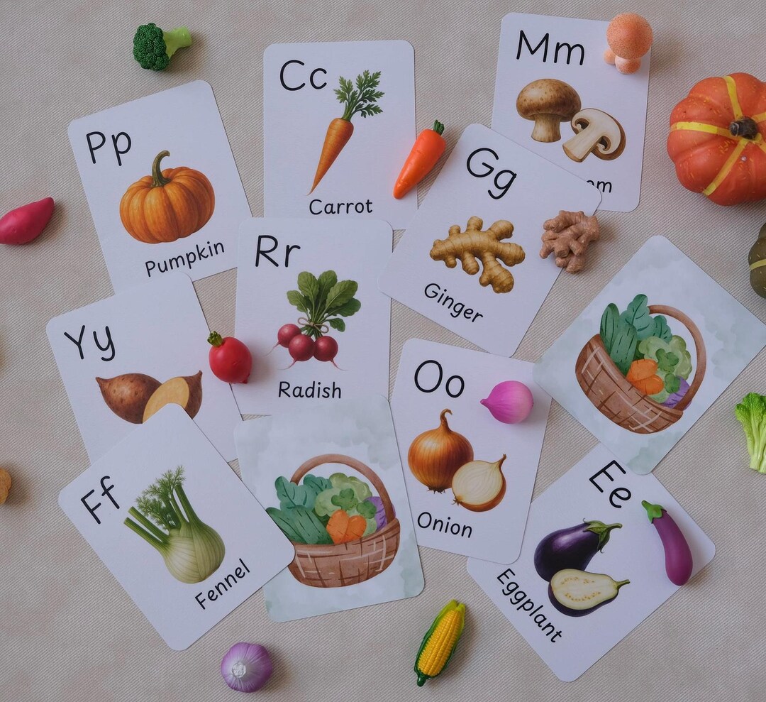 Watercolor Vegetable Alphabet Flashcards, Montessori Learning Cards - Etsy