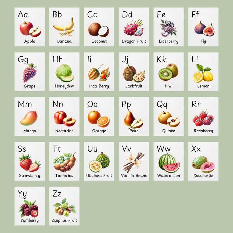 Printable Fruit Alphabet Flashcards, Montessori Homeschool Resource ...