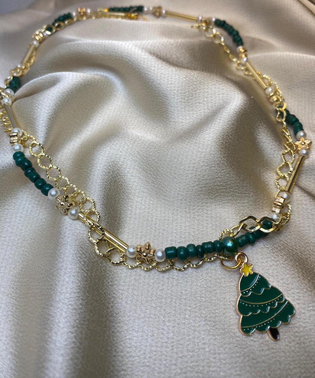 Christmas Pine Tree Double Necklace, 14k Gold Plated Steel Chain and ...